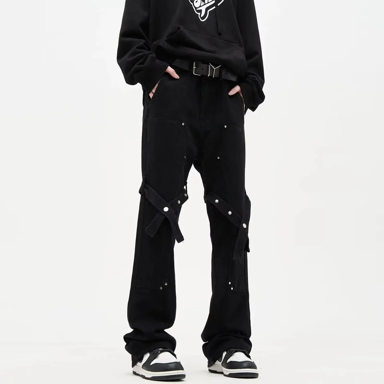 Pure Black Jeans Men's Autumn Trendy Tied Design Sensibility Bootcut P