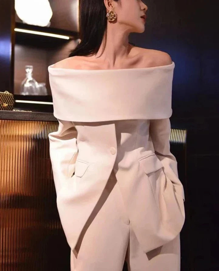 Slash Neck Chic Blazers Women Off Shoulder Long Sleeve Patchwork Singl