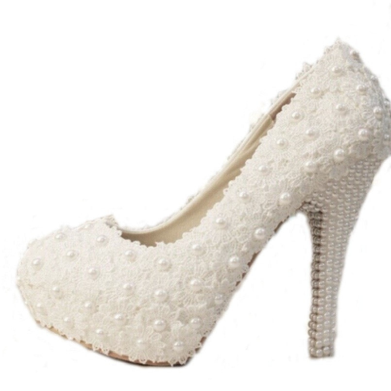 Women Fashion Sweet White Flower Lace Platform High Heels Pearls Weddi