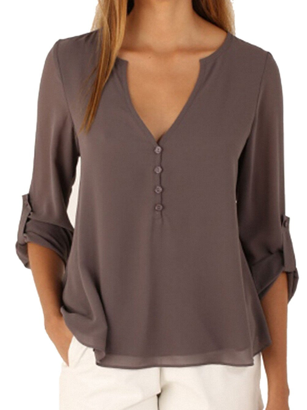 Sheer V Neck Top Button High Low Shirt Blouse Loose Sheer Chiffon Casu